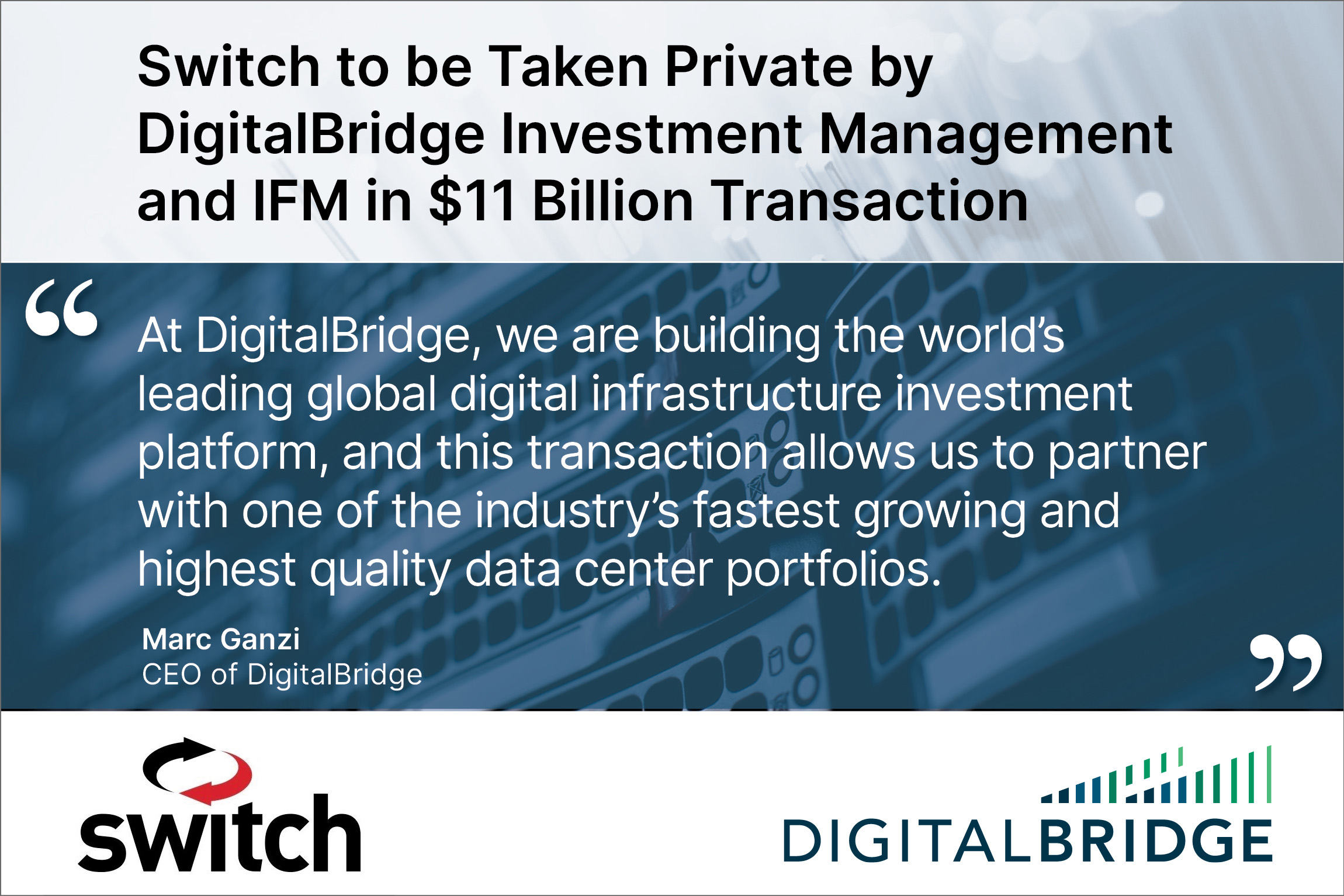 Switch to be Taken Private by DigitalBridge Investment Management and IFM in $11 Billion Transaction